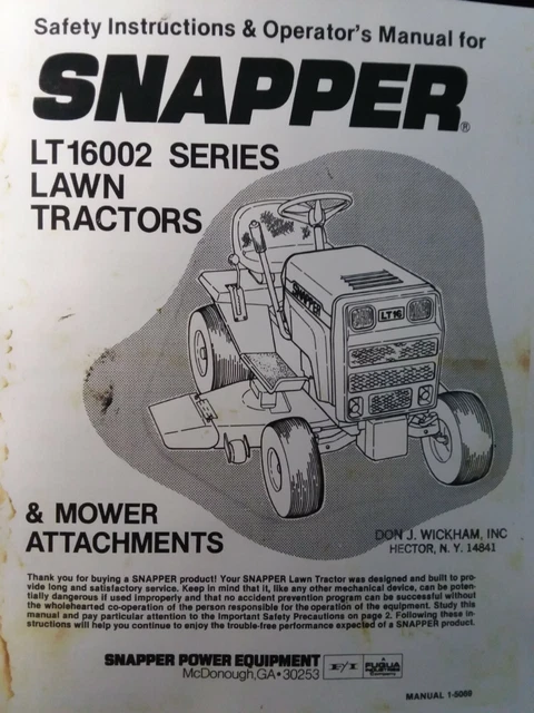 SNAPPER LT/16 RIDING Lawn Garden Tractor & Mower Owners Manual LT16002 ...