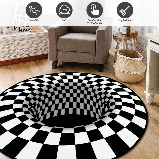 ROUND BLACK WHITE Grid 3D Optical Illusion Rug Vortex Bottomless Hole ...