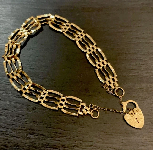 9CT Y GOLD Four Bar Gate Bracelet with Heart Lock and Chain. 7” Small ...