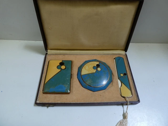 ART DECO BRASS Enamel Painted Vanity Set Compact Folding Comb Cigarette ...