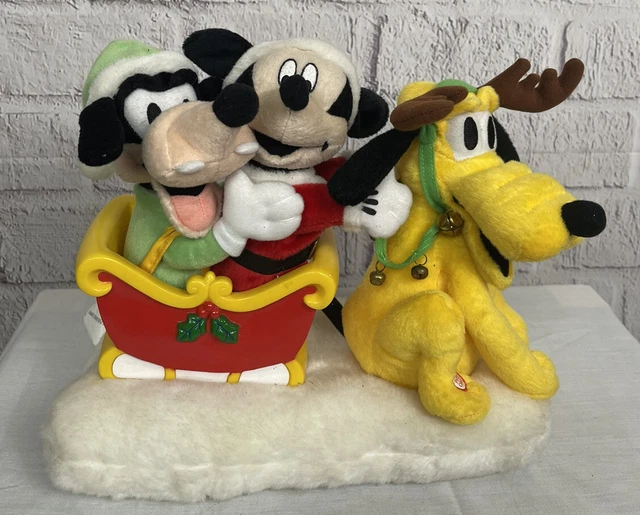 DISNEY GEMMY MUSICAL Plush Pluto Mickey Goofy Sled Here Come Santa ...