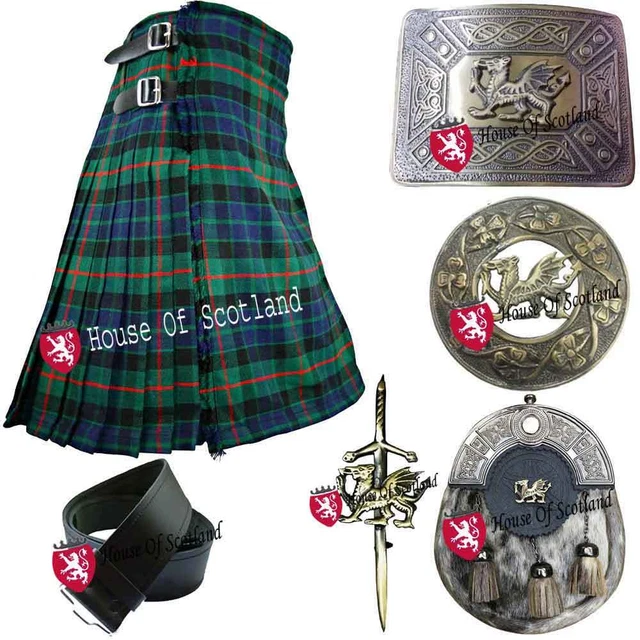 Kilts Outfit Set Various Tartans Men's Scottish Kilt 8 Yards Pin Brooch 