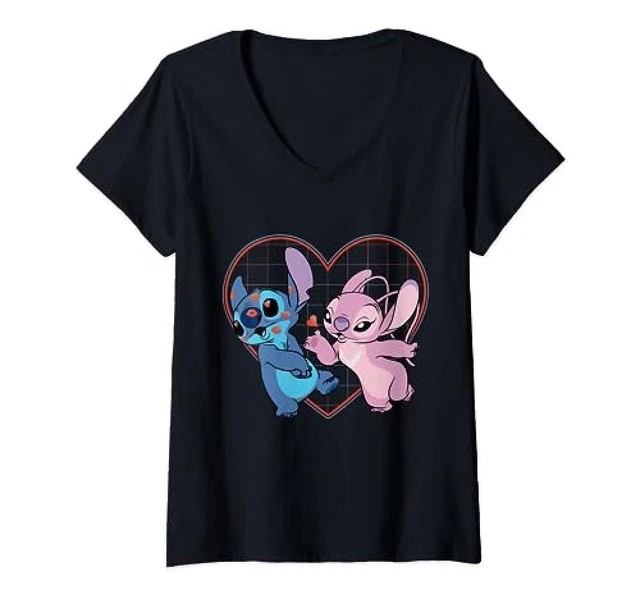 (TG. S) DISNEY Lilo e Stitch Cuore e baci T-Shirt Maglietta con Collo a ...