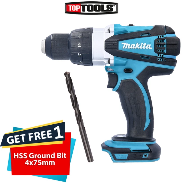 MAKITA DHP458 18V Compact Combi Drill With Free P-19392 HSS Ground Bit ...