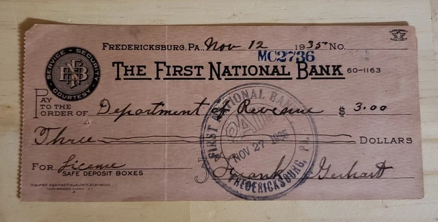THE FIRST NATIONAL Bank Used Check Nov. 1935 Department Of Revenue ...