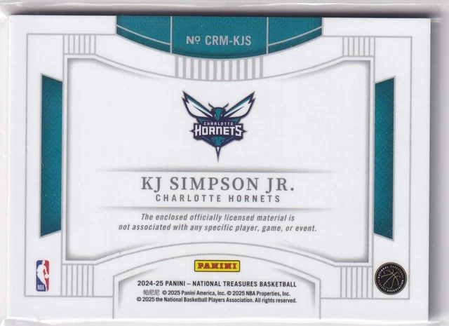 PANINI NT NBA 2024-25 No. CRM-KJS KJ Simpson Jr. Rookie Colosal Patch ...