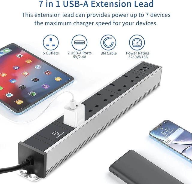 5 SOCKET SURGE Protected Extension Lead UK Plug Outlet & 2 USB Port ...