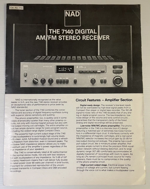 NAD 7140 STEREO Receiver Advertising Brochure Flyer Vintage 1980s £15. ...