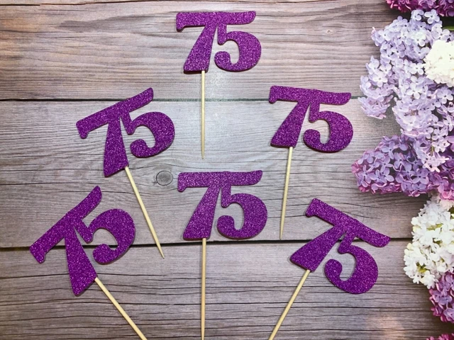 75TH BIRTHDAY CUPCAKE Toppers Purple Glitter Number 75 Cake Decorations ...