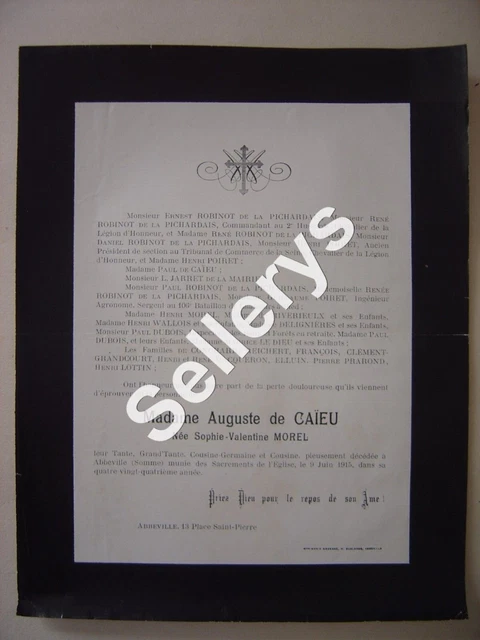 FAIRE PART DE décès de Madame Auguste De Caïeu 1915 Abbeville Née Sophie Morel EUR 24,90 ...
