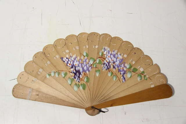 ANTIQUE ANS '40 Eventail Art Nouveau en Bois Decors Florale Eseguiti à ...