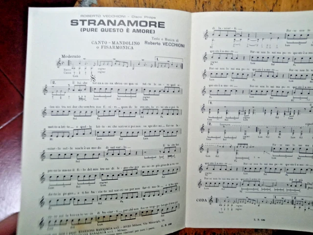 SPARTITO SHEET MUSIC Roberto Vecchioni STRANAMORE originale 1978 EUR 11 ...