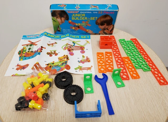 VINTAGE BLUE BOX Junior Builder Set 53 pieces Childrens Educational ...