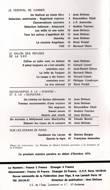 JEUNE CINEMA n° 80 - Ingrid Caven Peter Kern - La Paloma - Cannes 74 ...