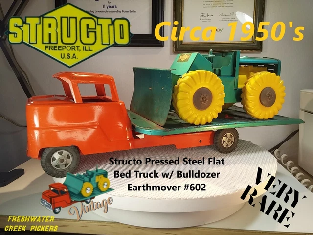 VINTAGE 1950'S STRUCTO Pressed Steel Flat Bed Truck w/ Bulldozer ...