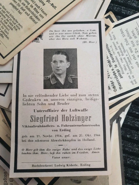 ORIGINAL GERMAN WW2 Death Card Siegfried Holzinger Luftwaffe 20okt1944 ...