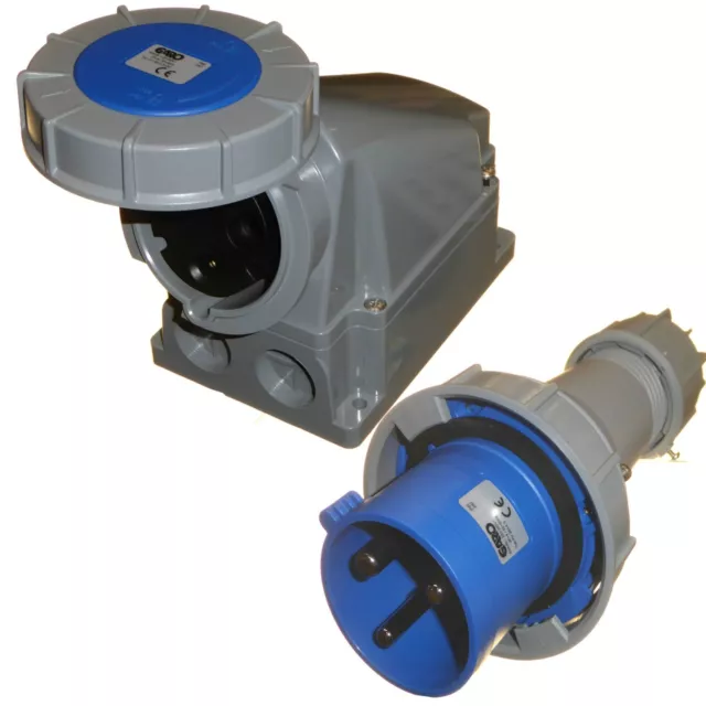 63A 3 PIN Plug and Socket 2P+E 230v 1 Phase IP67 Waterproof Blue 63 Amp ...