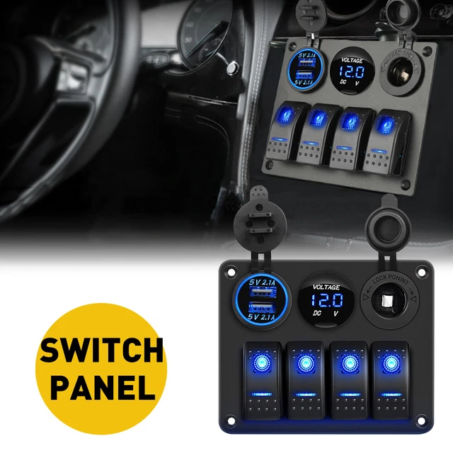 BLUE LED 4 Gang Toggle Rocker Switch Panel USB for Car Boat Marine RV ...