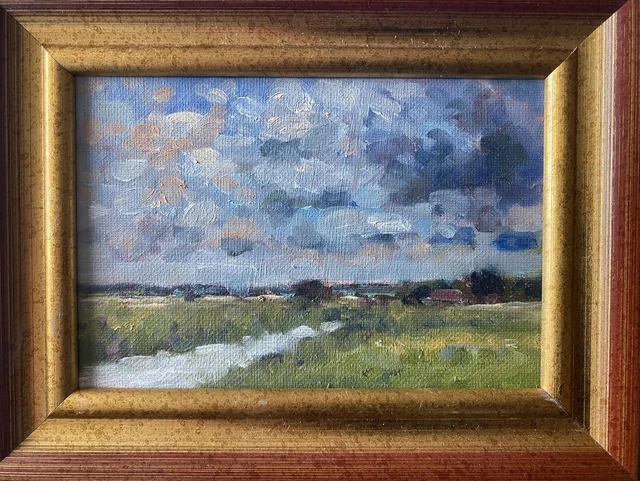 NORFOLK LANDSCAPE, OIL, Gold Frame, Sky, Fields, David Baxter £45.00 ...