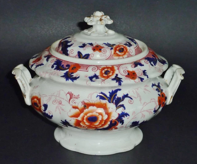 ANTIQUE BONE CHINA c1830 HAND PTD/transfer RIDGEWAYS "BENTICK" lidded ...