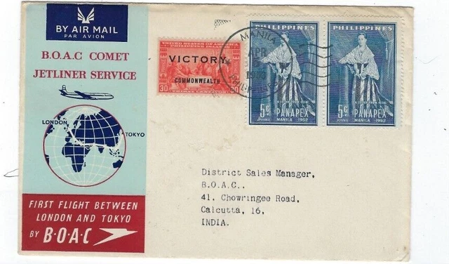 1953 MANILA PHILIPPINE Island to Calcutta India BOAC First Flight ...