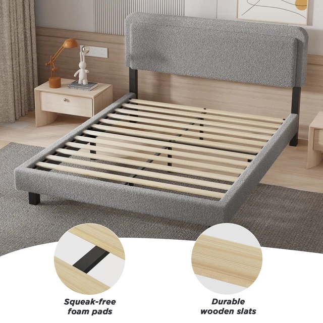 DOUBLE SIZE UPHOLSTERED Bed Frame w/ Sheep Plush Headboard，Wooden Slats ...