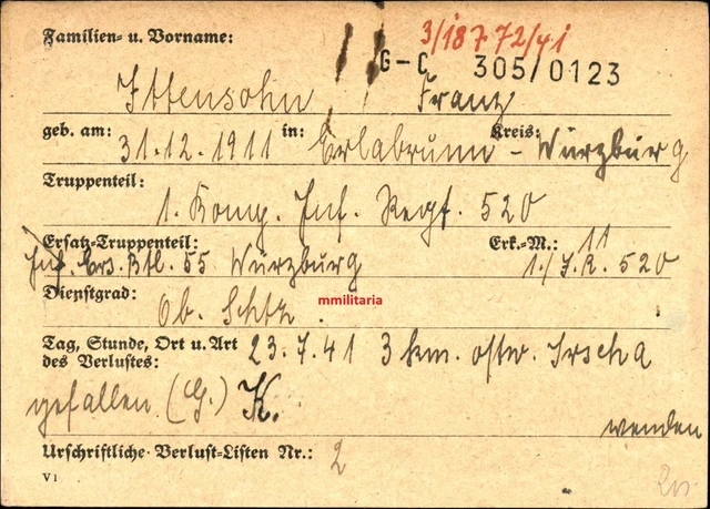 STERBEBILD WWII OBERSCHÜTZE Erlabrunn 1. Komp. Inf. Regt. 520 Bahnhof ...