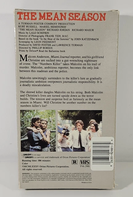 THE MEAN SEASON (VHS, 1985) Kurt Russell Rare Classic HBO Video $7.19 ...