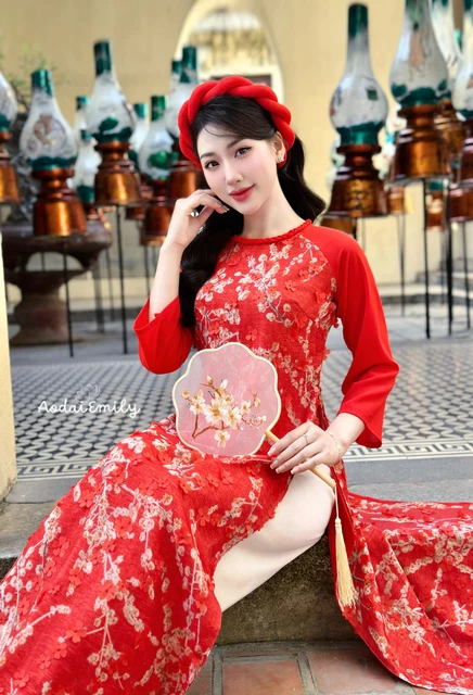 KATIE RED LOOSING style Ao Dai with Cherry Blossom £31.26 - PicClick UK