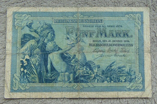 GELDSCHEINE, BANKNOTEN, EIN Reichskassenschein über Fünf Mark, 1904 ...