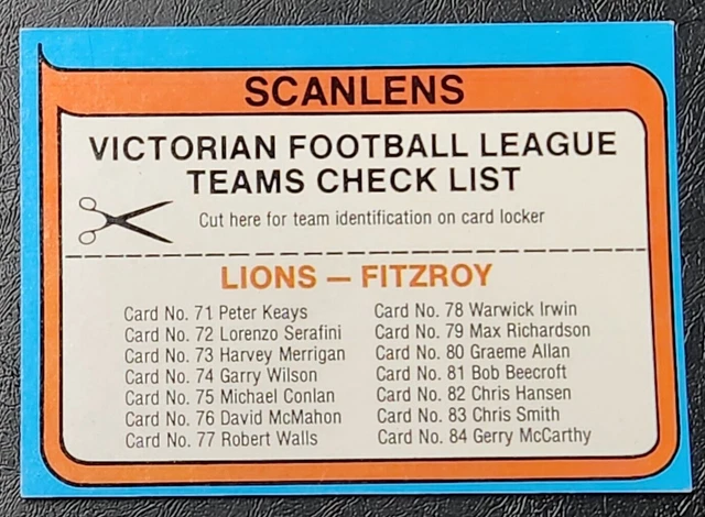 1980 SCANLENS VFL Afl Footy Card Fitzroy Lions Pen Unmarked Check List ...
