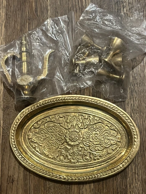 VTG MINIATURE BRASS Turkish Arabic Dallah Tea Set 6 Goblet Cups Teapot ...