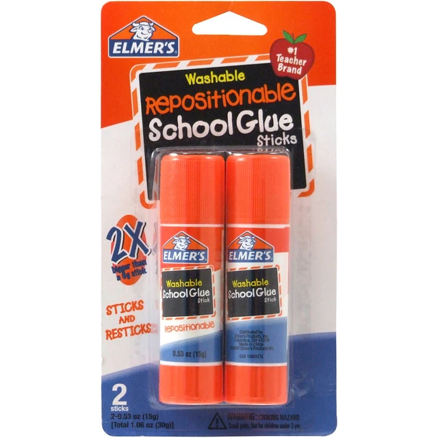 ELMER'S WASHABLE REPOSITIONABLE School Glue Sticks 2/Pkg-.53oz - E627 ...
