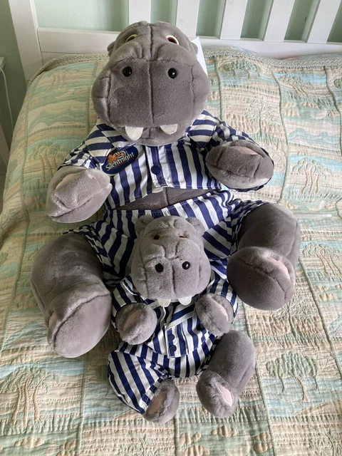 VINTAGE LARGE AND small Silentnight Hippo In blue stripe pyjamas Soft ...