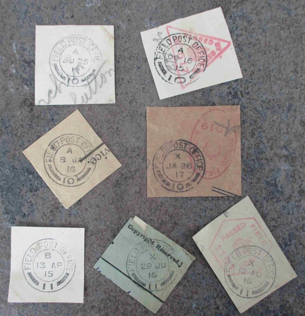 FIELD POST OFFICE WW1 - 7 postmarks Index 10 & 11 - 1915 - 1917 Censor ...