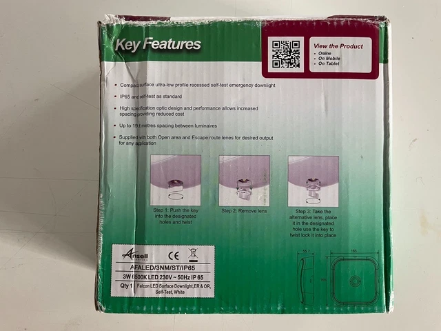 ANSELL LIGHTING FALCON Led Ip65 Surface Emergency Downlight Afaled/3Nm ...