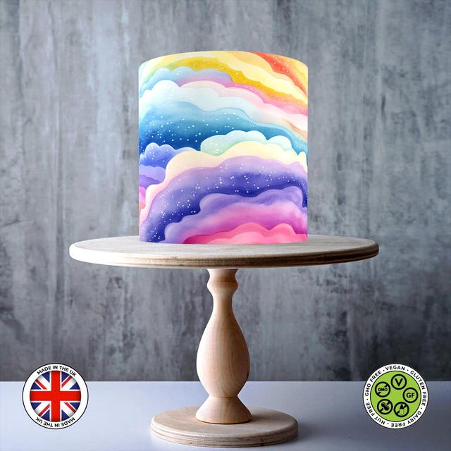 WATERCOLOUR RAINBOW CLOUDS wrap around edible cake topper ICING/WAFER £ ...