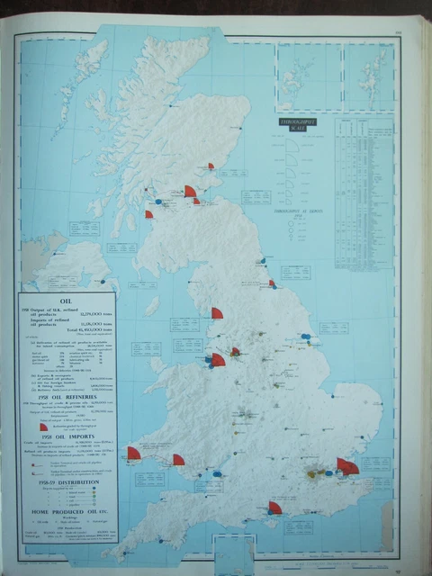 VINTAGE LARGE MAP of BRITAIN OIL REFINERIES IMPORTS DISTRIBUTION HOME ...