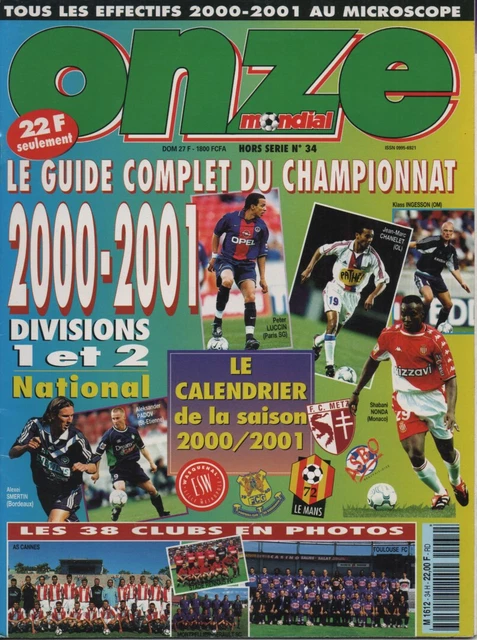 ONZE MONDIAL HORS SÉRIE numéro 34H guide du championnat 2000-2001 EUR 6 ...