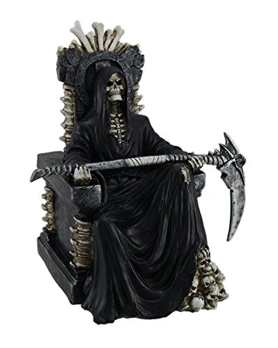 PALE DEATH RESTS Grim Reaper On Bone Throne Holding Scythe Statue £58. ...