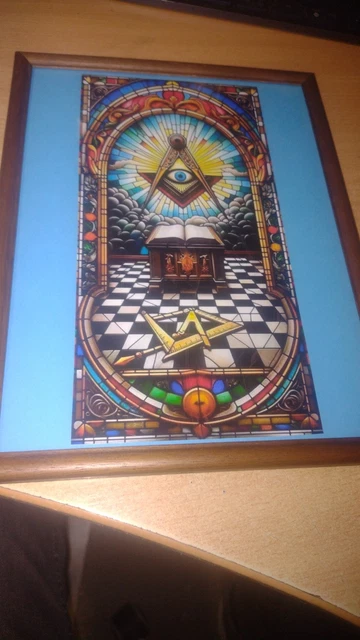 &MASONIC SYMBOL CHART& print in wooden frame 25,5x 19,5cm VGC gutem ...