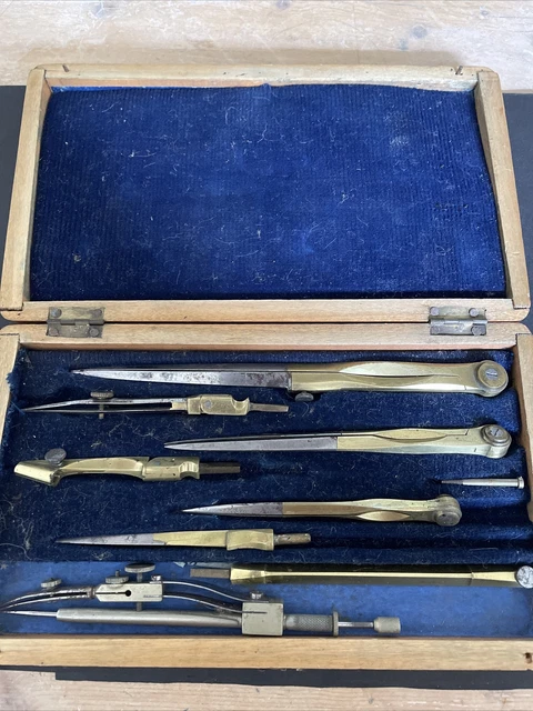 ANTIQUE VINTAGE GEOMETRY Technical Drawing Tools Instruments Wooden Box ...