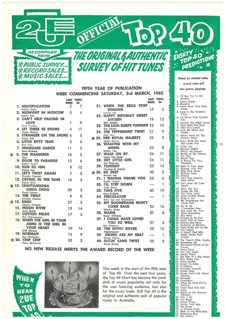 2UE MUSIC CHART Top 40 Australia w/c 3 March 1962 Multiplication Bobby ...