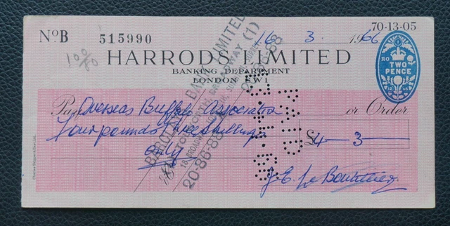 HARRODS LTD. BANKING Department London SW1, used cheque dated 1966 £2. ...