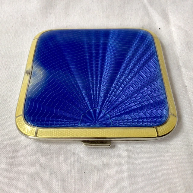 1935 SOLID SILVER Art Deco Blue Guilloche Enamelled Compact By Beddoes ...