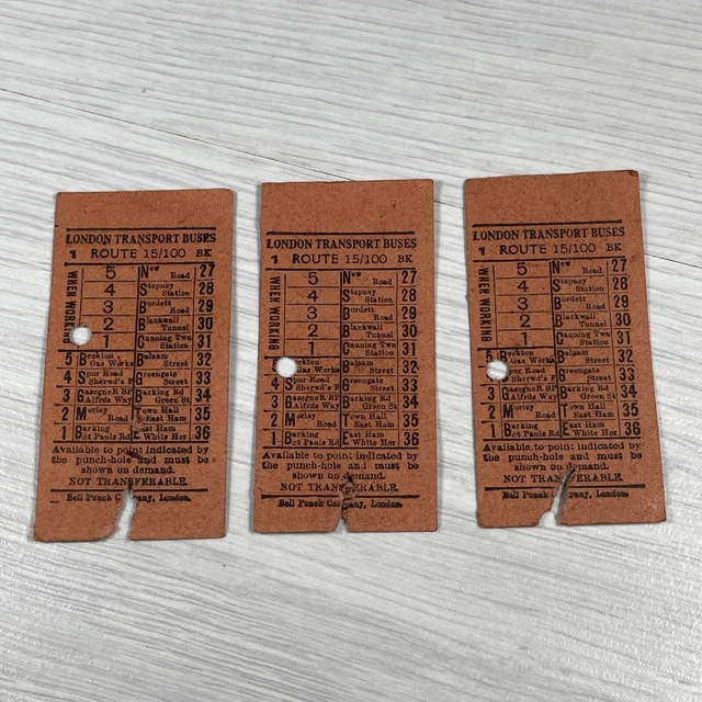 VINTAGE BELL PUNCH Co London Bus Ticket Route 15/100 X3 £9.95 - PicClick UK