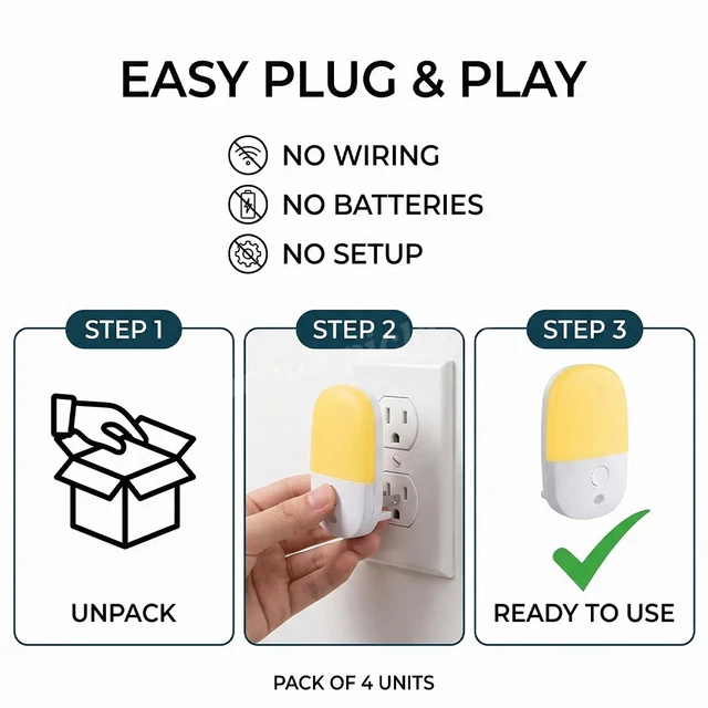 WALL PLUG-IN LED Night Light 4 Pack Auto Light Sensor Dusk Till Dawn ...