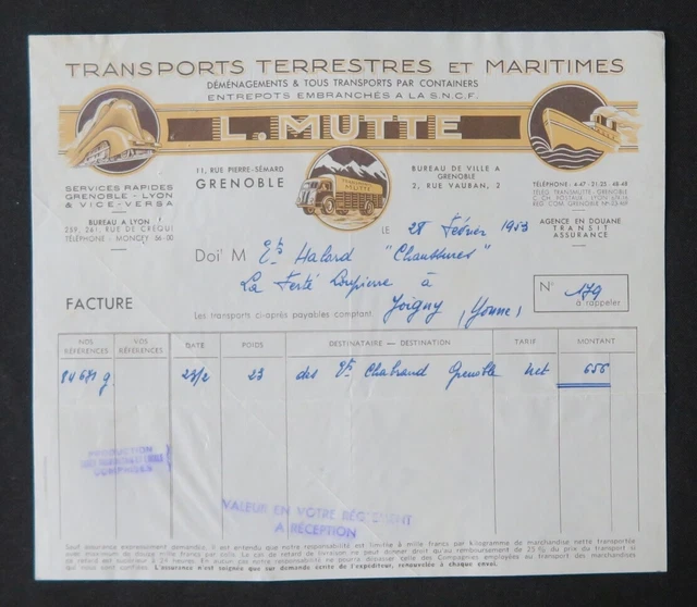 FACTURE TRANSPORT TERRESTRE ET MARITIME MUTTE GRENOBLE illustrée 100 ...