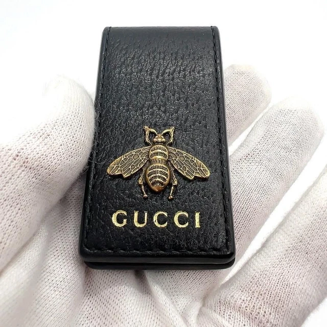 GUCCI MÉTAL ABEILLE Le Argent Bill Pince Cuir Noir W/Sortie Boite EUR ...