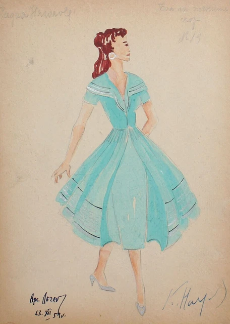 TABLEAU AQUARELLE COSTUME de théâtre création portrait de femme signé ...